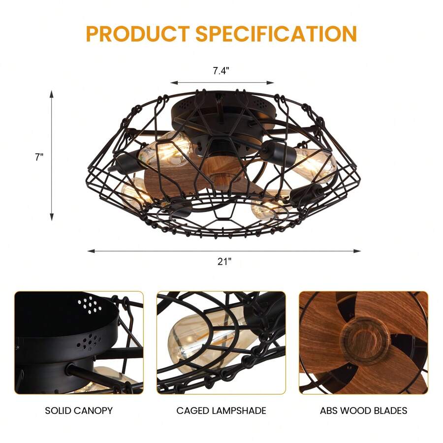 Caged Low Profile Ceiling Fan With Lights And Remote, Industrial Flush ...