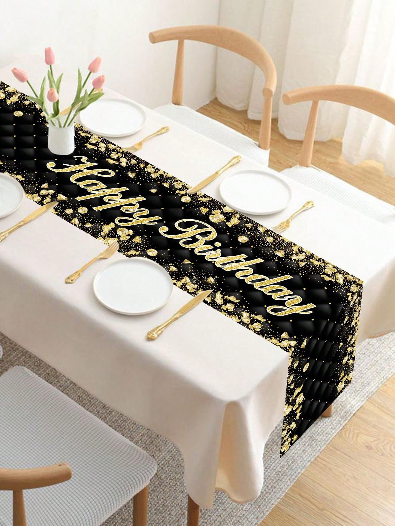 1Pc Black Gold Birthday Table Runner,Birthday Party Background ...