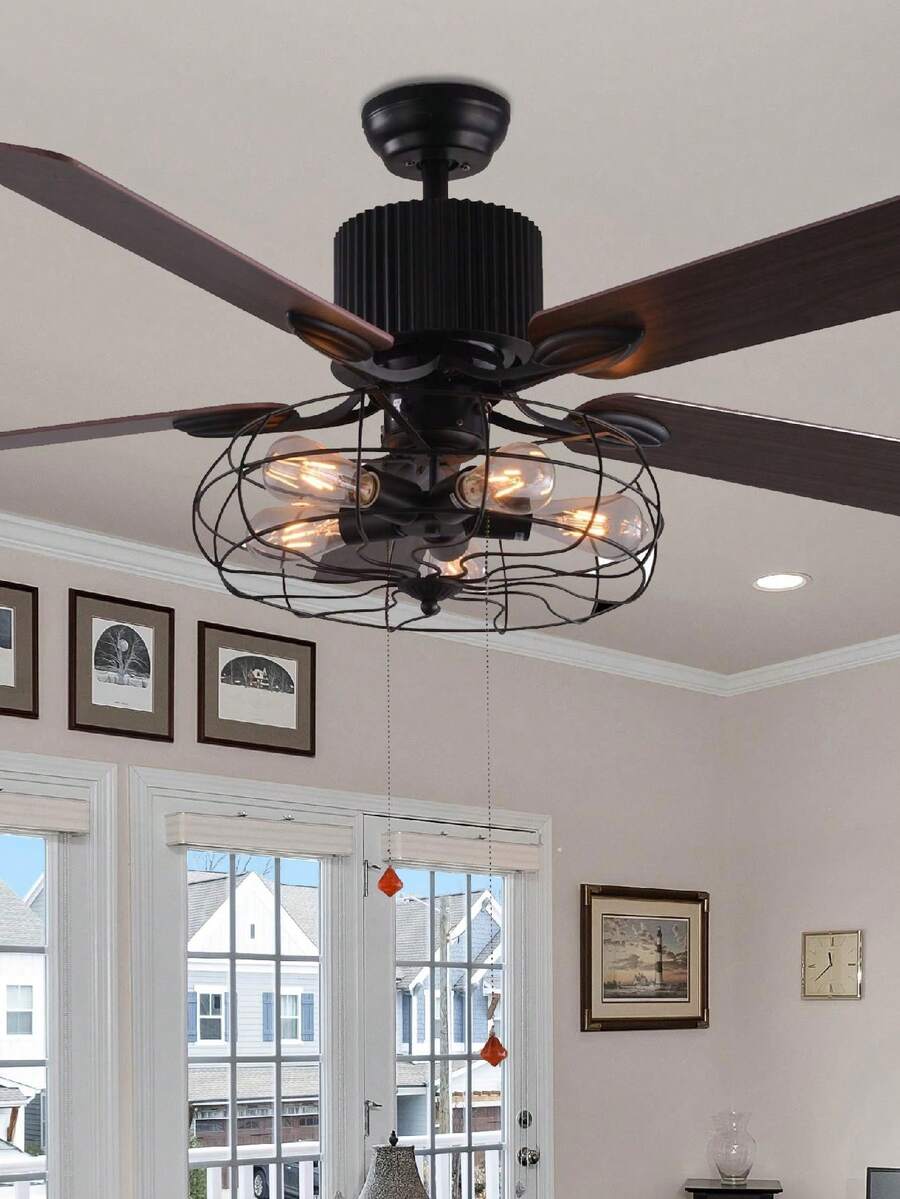 Oaks Aura Farmhouse Industrial 5-Light Black Cage Ceiling Fan with ...