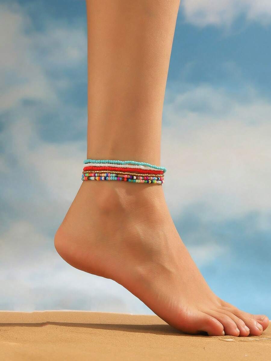 Set Of 6 Fashionable Simple & Elegant Multicolor Beaded Anklets | SHEIN UK