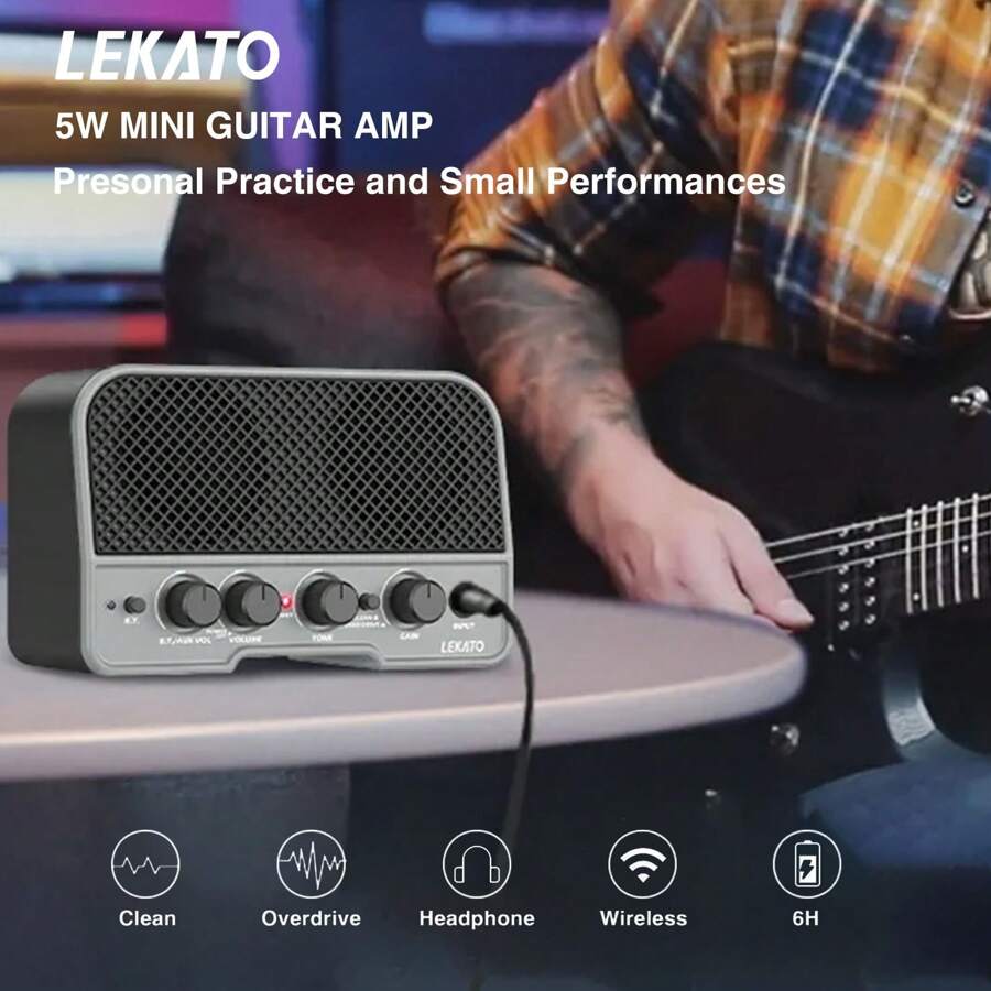 LEKATO Mini Guitar Amp, 5W Rechargeable Electric Guitar Amplifier, Clean&Overdrive Effects 2 ...