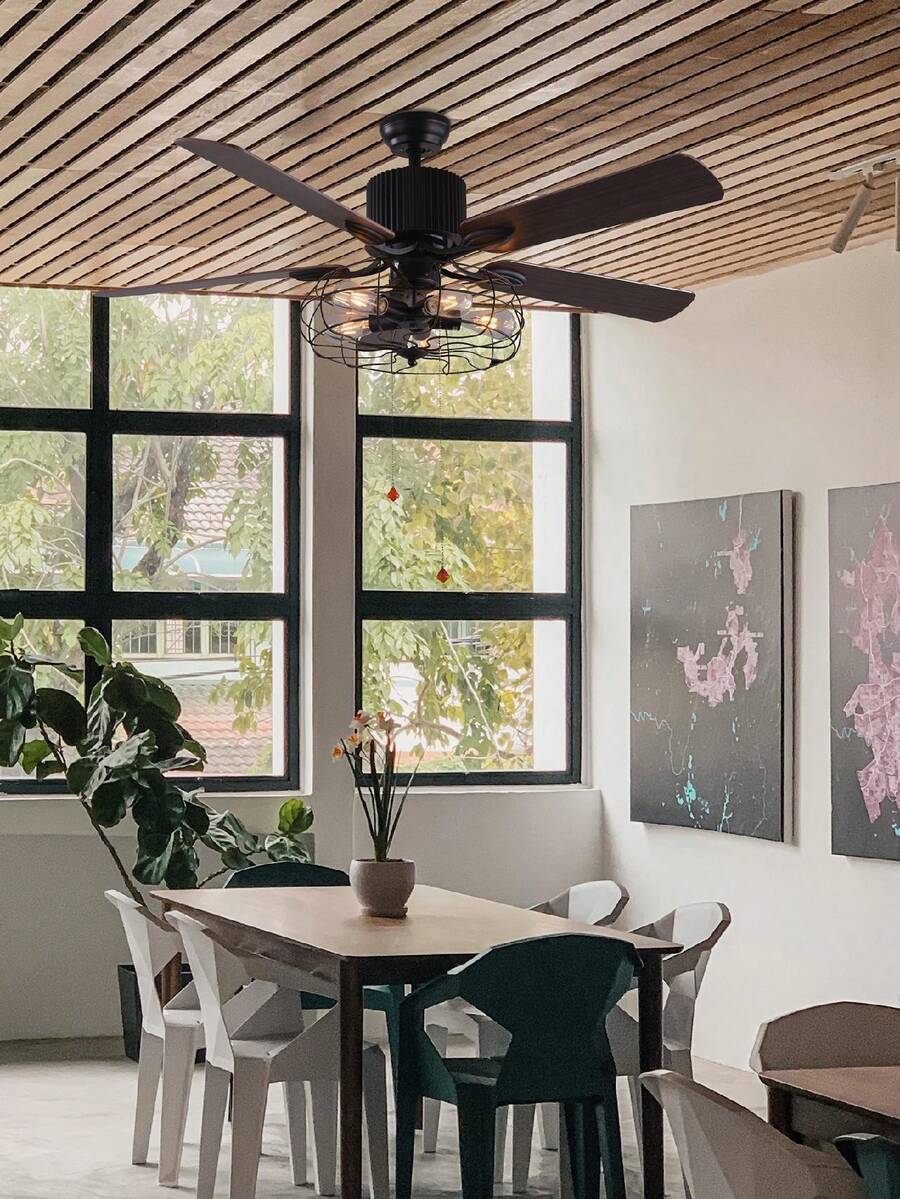 Oaks Aura Farmhouse Industrial 5-Light Black Cage Ceiling Fan with ...