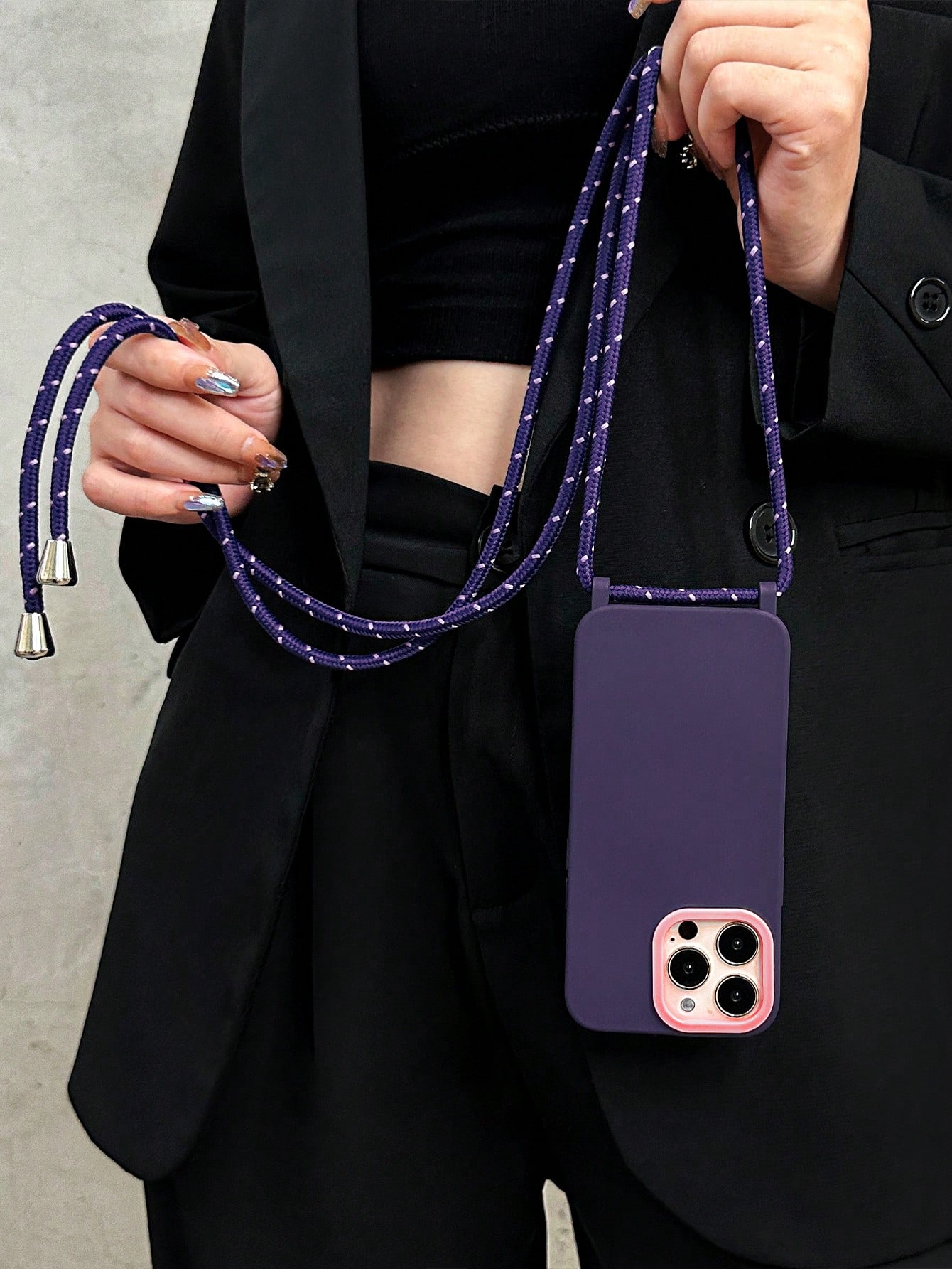 1pc Pink Lens Ring & Purple Dual Hanging Hole Phone Case With Lanyard ...