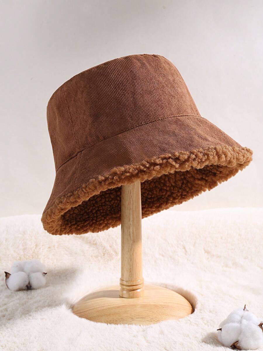 1 PC Brown Reversible Bucket Hat Winter Thick Warm Plush Fuzzy Fall ...