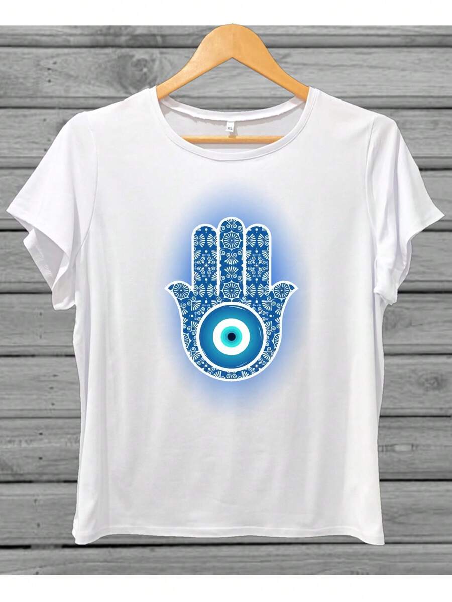 T-Shirt Sublimated Hand Turkish Eye Good Luck Curvy Blue | SHEIN USA