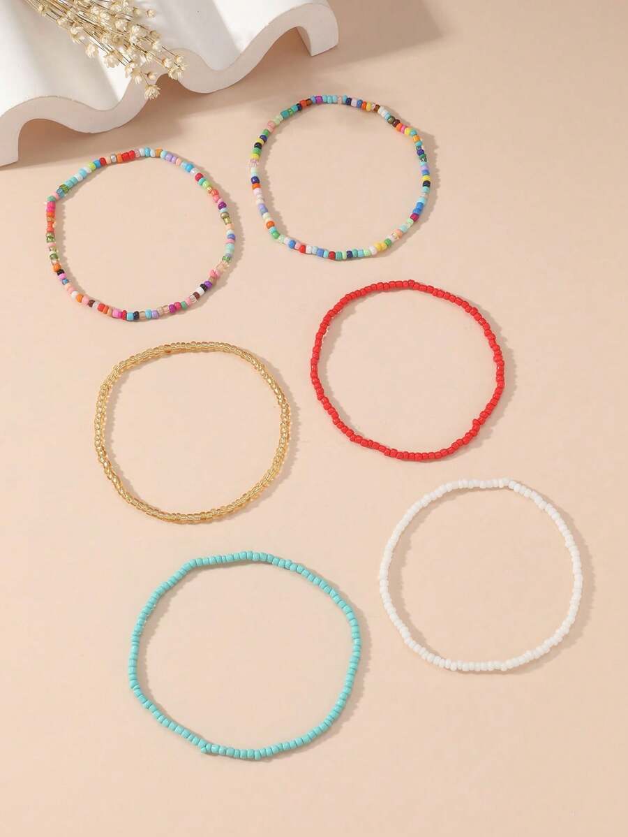 Set Of 6 Fashionable Simple & Elegant Multicolor Beaded Anklets | SHEIN UK