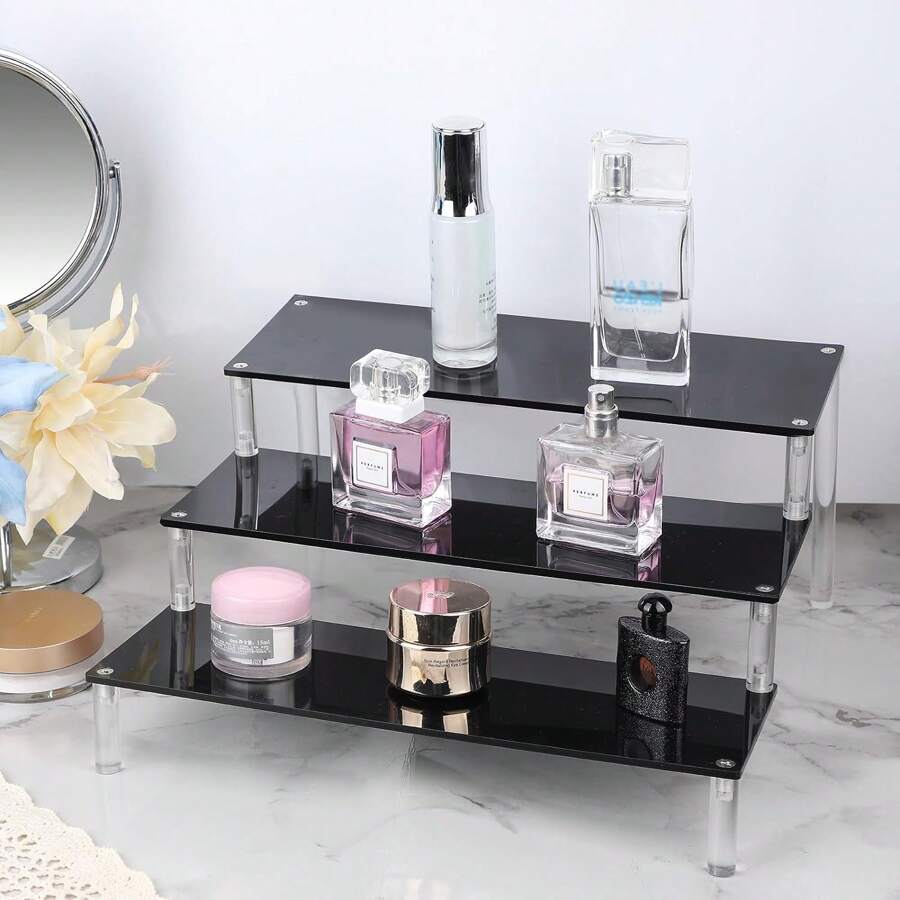 Black Acrylic Display Shelf, 3 Tier Black Cupcakes Perfumes Figurines ...