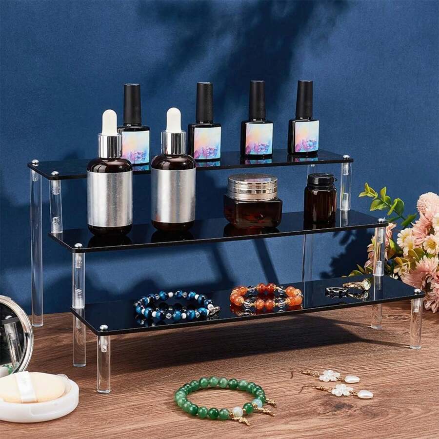 Black Acrylic Display Shelf, 3 Tier Black Cupcakes Perfumes Figurines ...