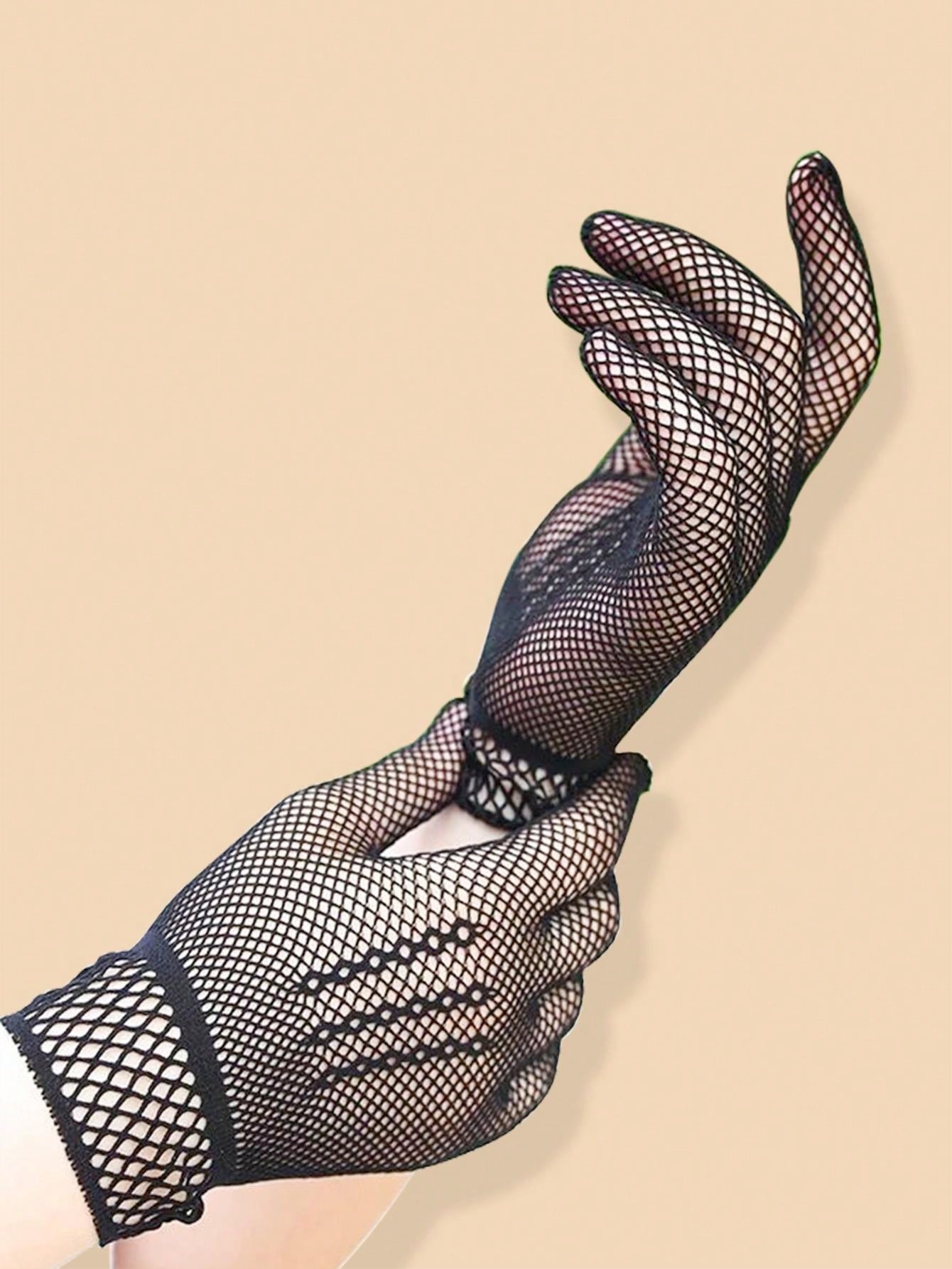 1pair Women's Black Net Mesh Fingerless Gloves With Hollow Out Fishnet ...