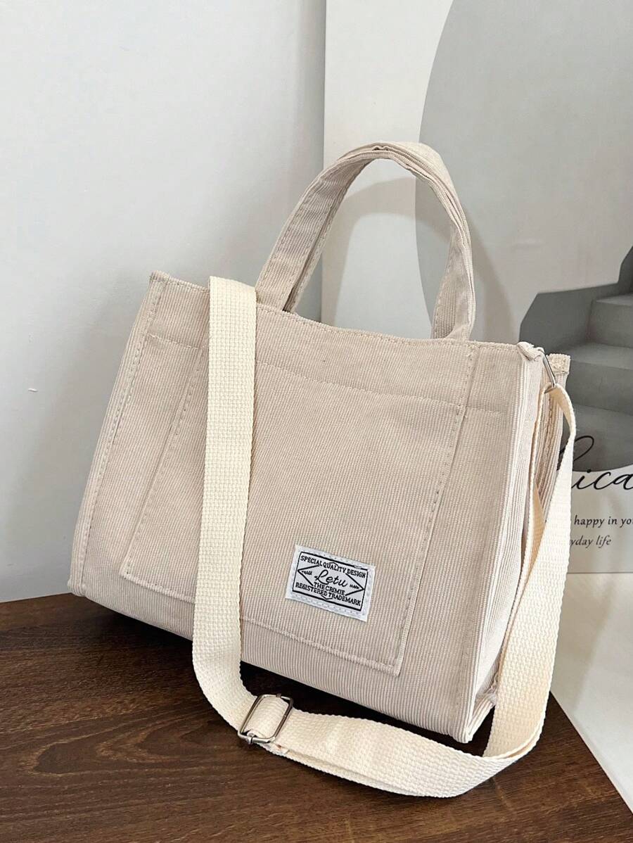 Mini Letter Patch Corduroy Tote Bag, Satchel Square Casual Shoulder Bag ...