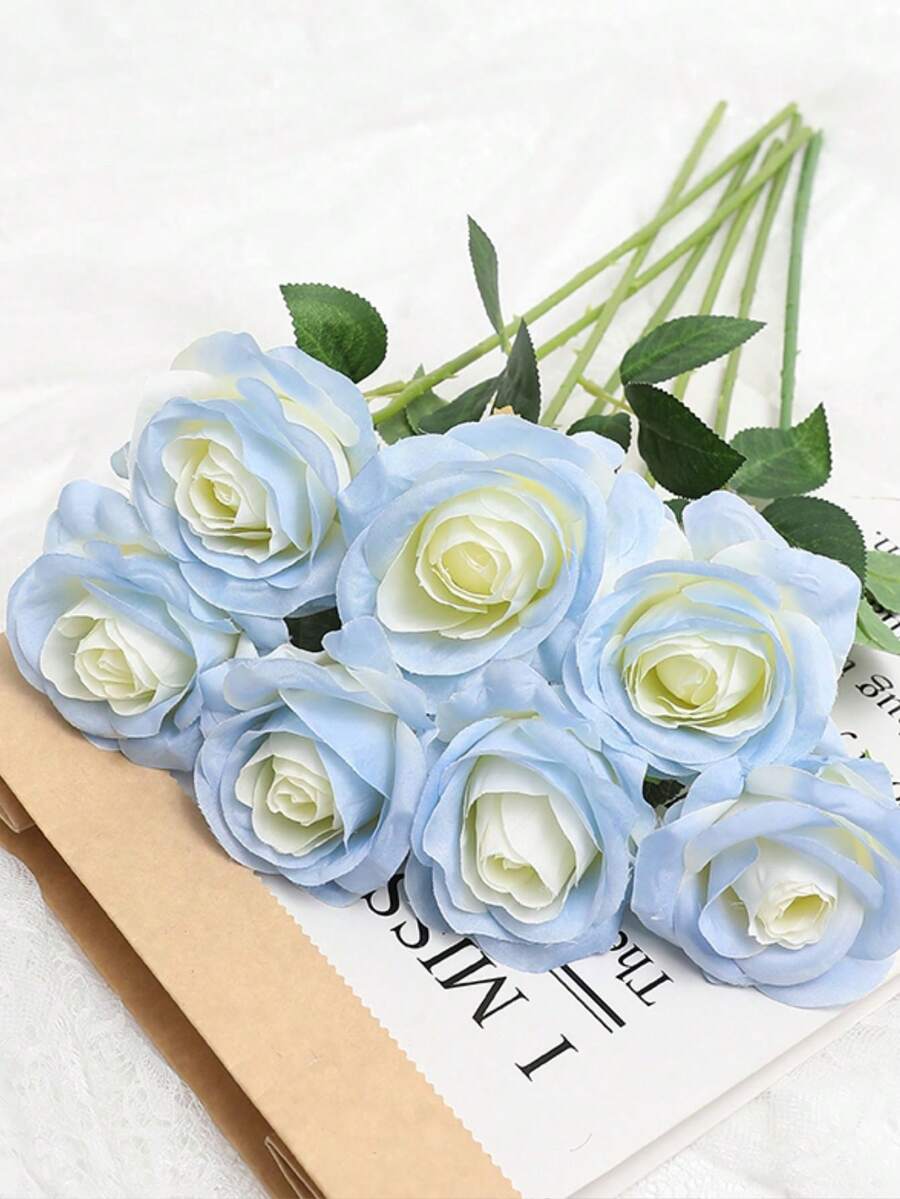 1pc Plastic Artificial Flower Stemmed With Leaves, Gradient Blue ...