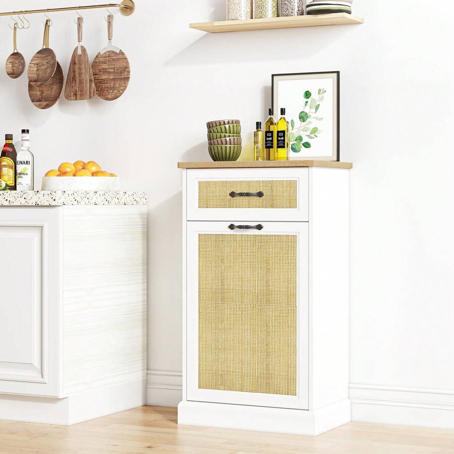 Tilt Out Trash Cabinet with Natural Rattan, Hidden Trash Can Cabinet 10 ...