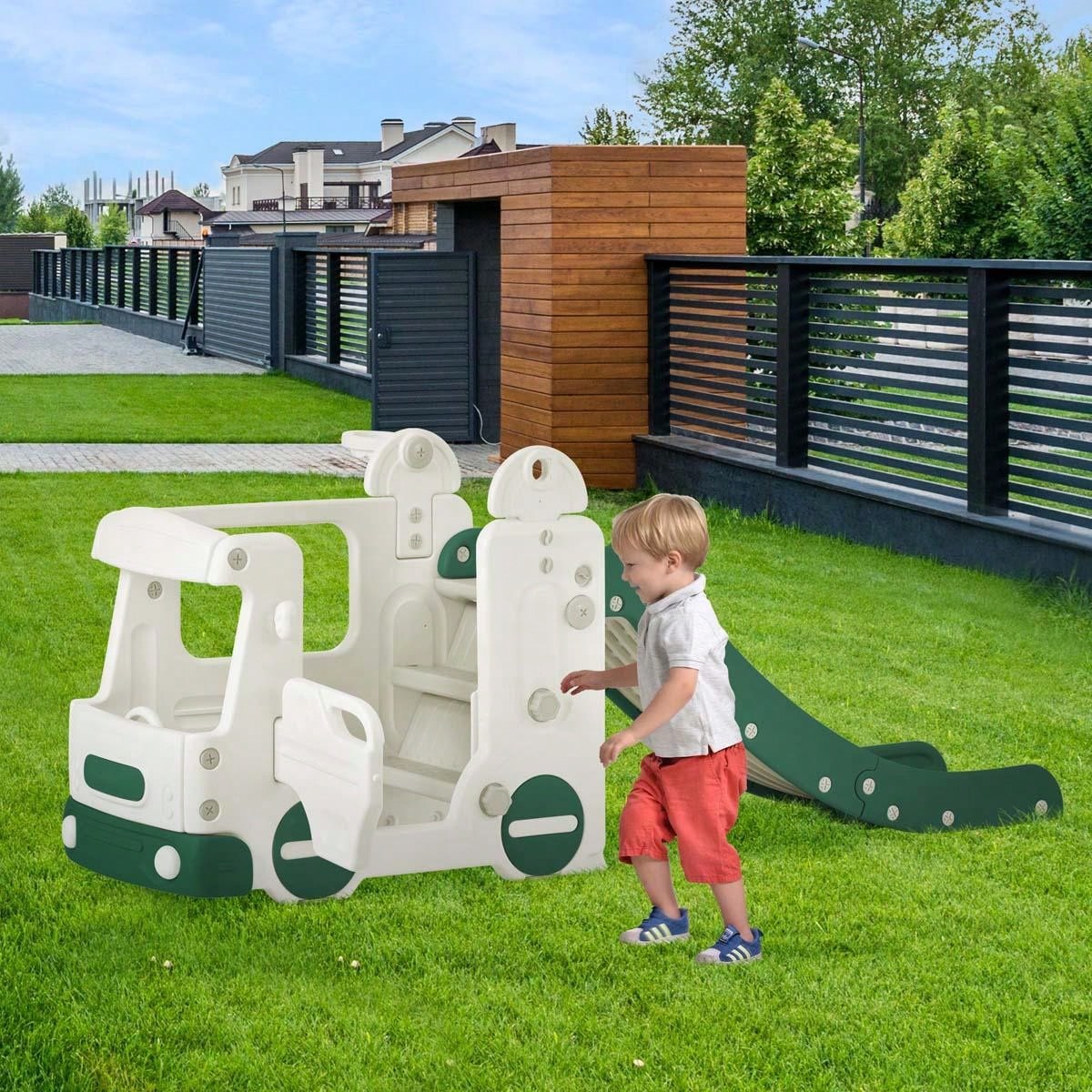 Merax Kids Slide with Bus Play Structure Climber, Freestanding Bus ...