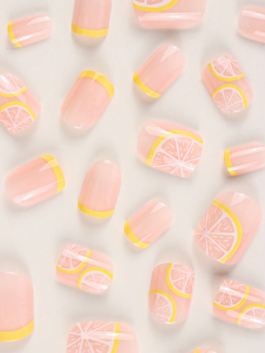 Cute Lemon Print Summer Fresh Style Short Square French Fake Nail ...