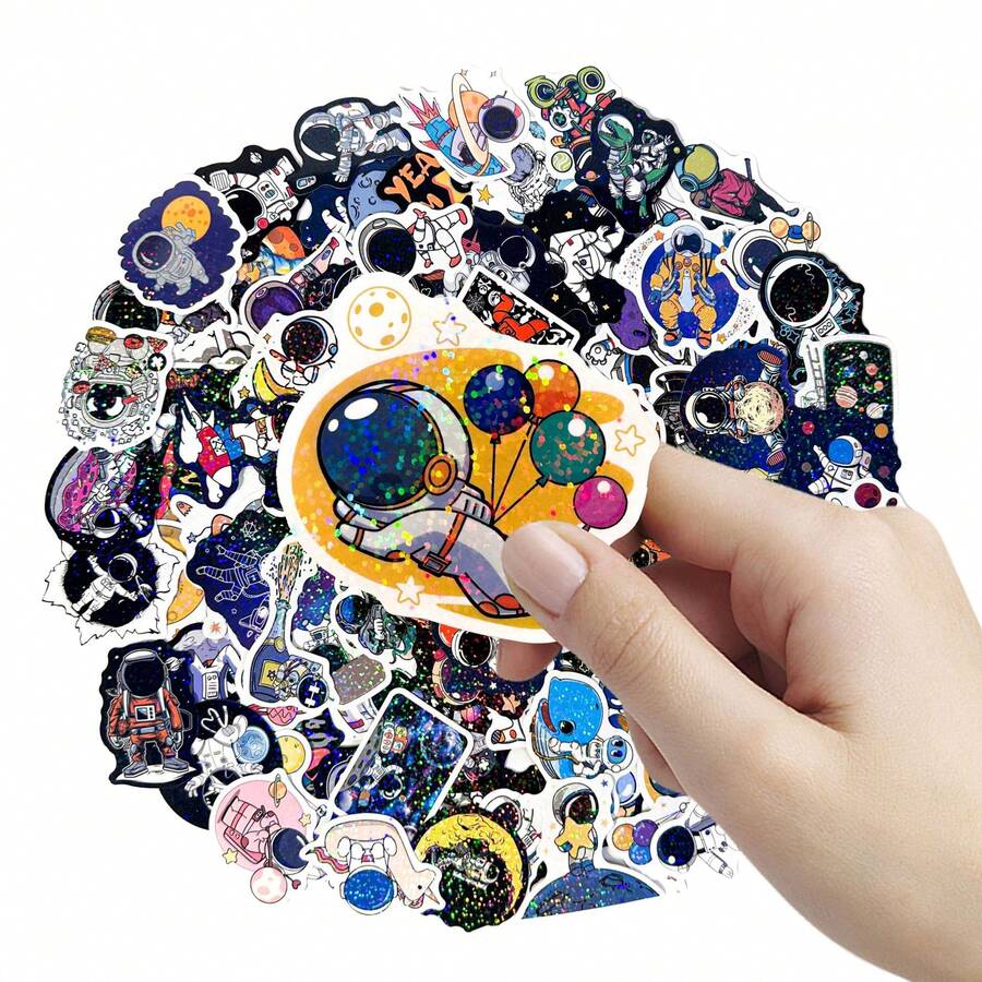 1 Set Of 100pcs Holographic Astronaut Stickers & 100pcs Cartoon Moon ...