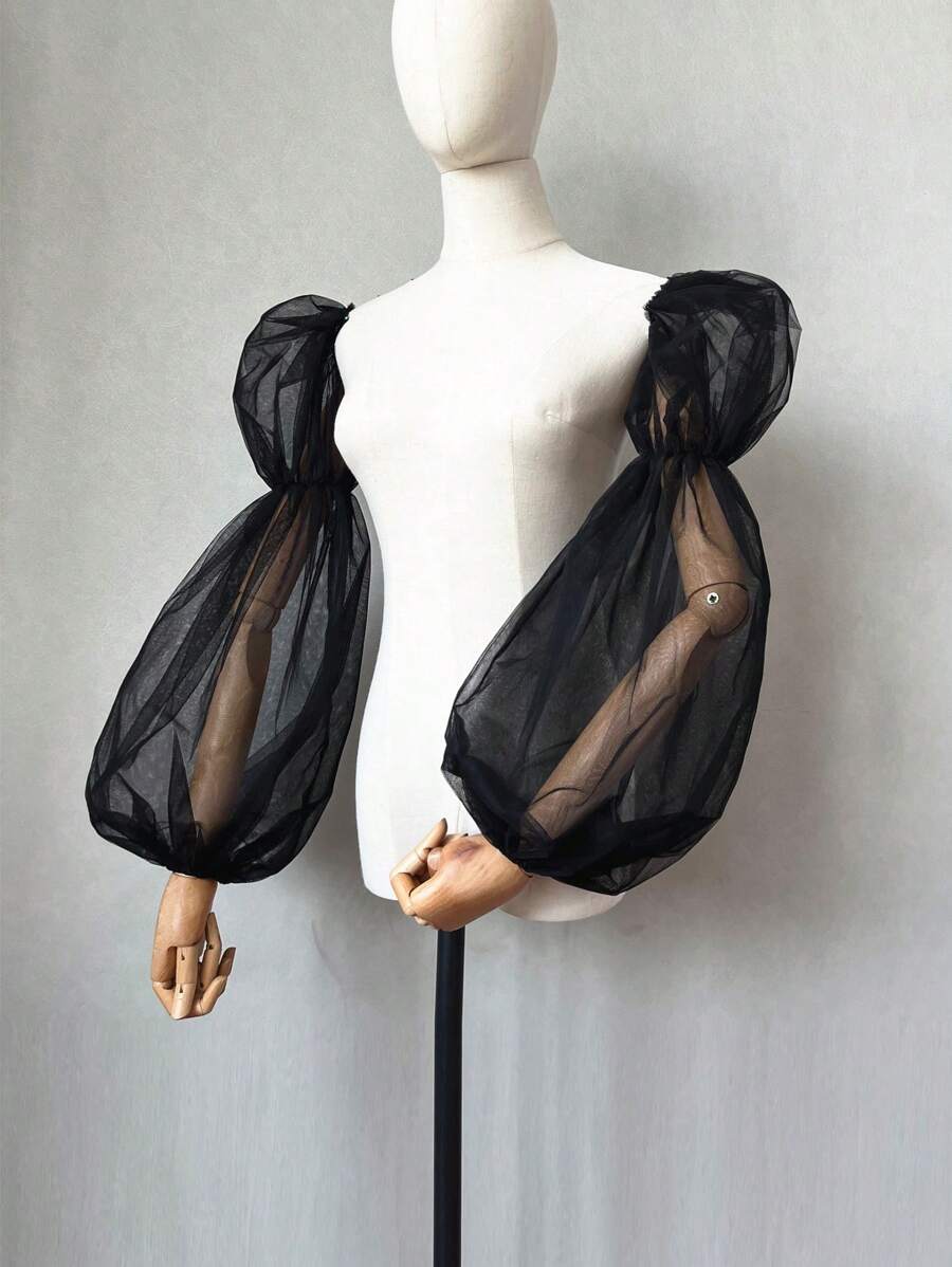 1pc Black Netting 2-arm Sleeves With Puff And Elastic For Bridal Wear ...