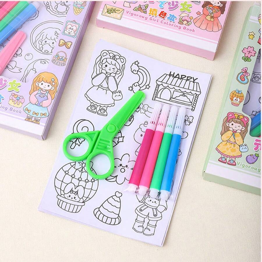 Cartoon Cute Girl Coloring Book For Kids With Tools For Drawing And ...