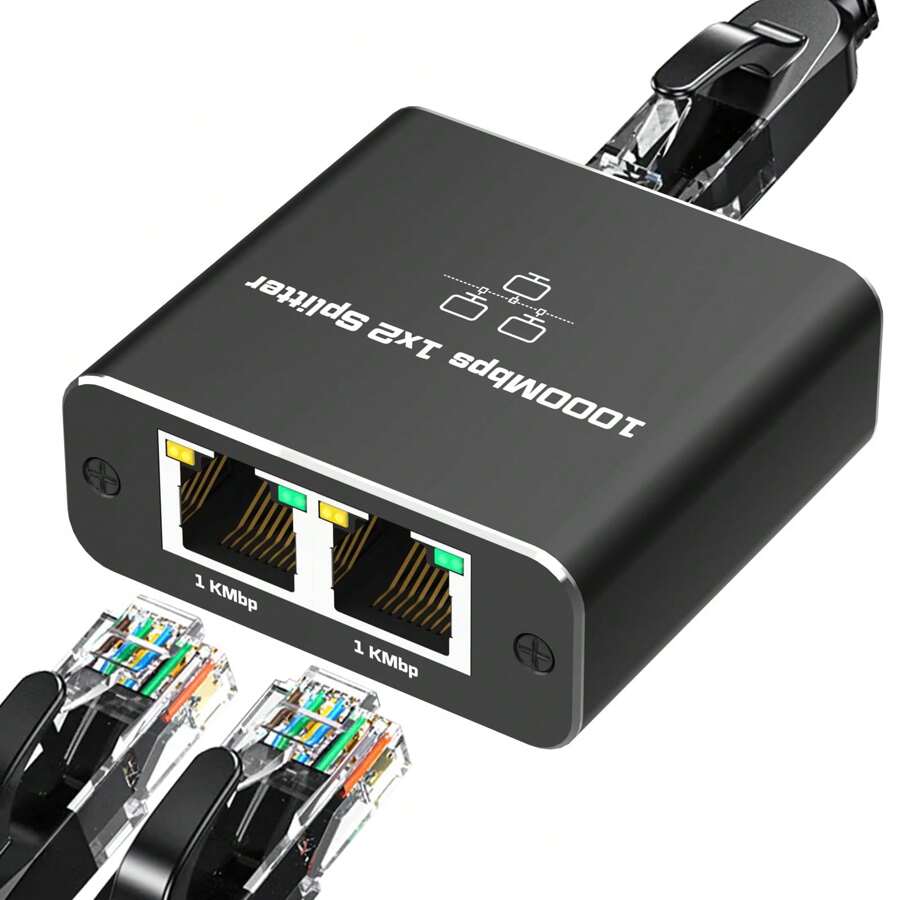 Black 1 To 2 Ethernet Splitter With Rj45 Gigabit Ethernet Port ...