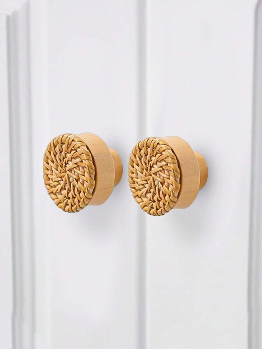 2pcs Khaki Solid Wood & Rattan Woven Cabinet Knobs, Single Hole Lotus ...
