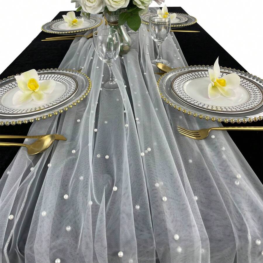 Faux Pearl Decor Table Banner, White Pearl Tulle Table Banner Wedding ...