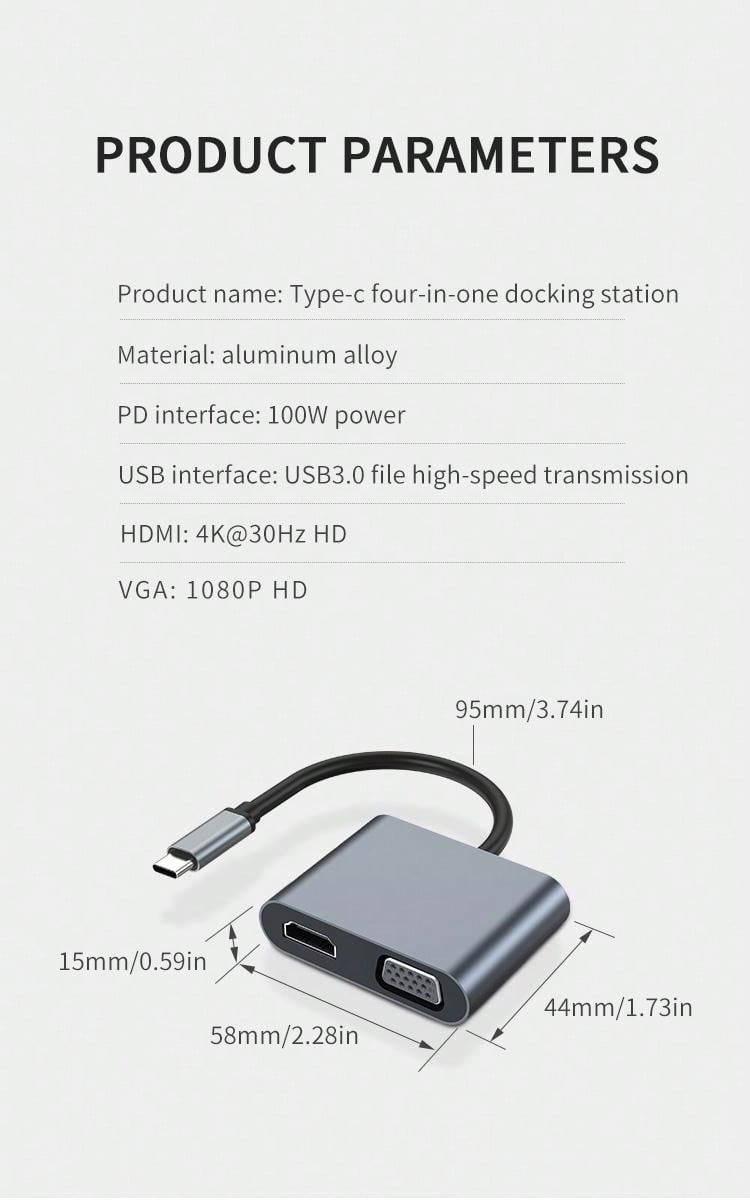 Adaptador USB C a HDMI VGA Convertidor de concentrador USB C 4 en 1 con puertos HDMI 4K, 100 W ...