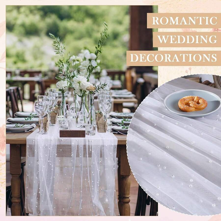 Faux Pearl Decor Table Banner, White Pearl Tulle Table Banner Wedding ...