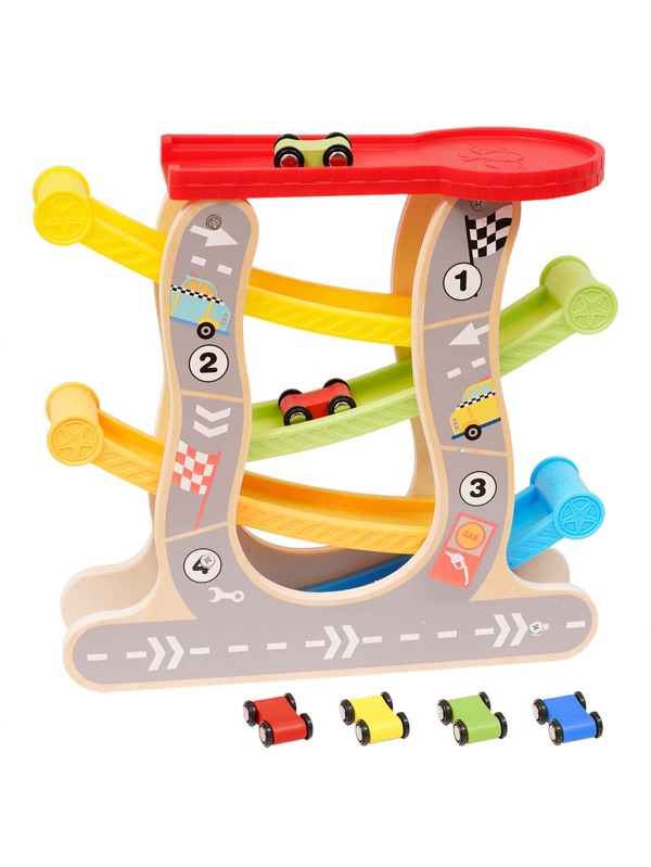 Wooden Car Ramp Racer Toy Vehicle Set with 4 Tier Tracks & 4 Mini Cars ...