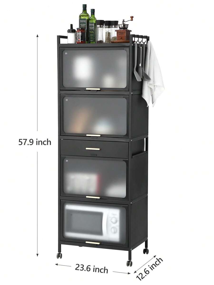 Floor Cabinet 5-Shelf with Wheel, Adjustable Shelves, Freestanding ...