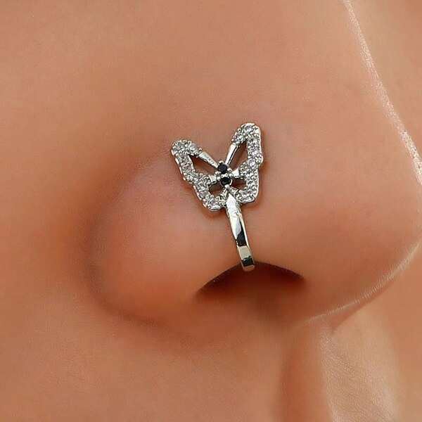 Personalized U-shaped false nose ring set with rhinestone, butterfly ...