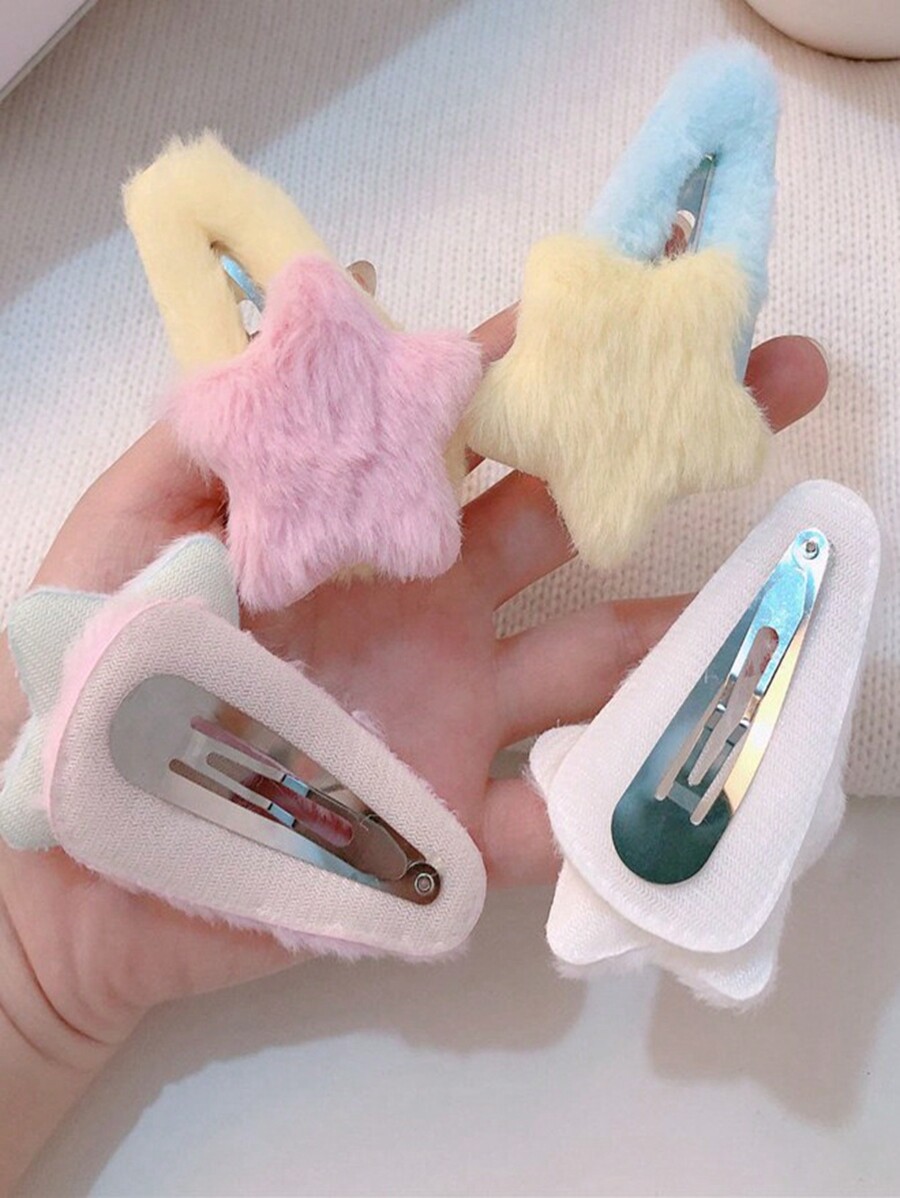 4pcs Fuzzy & Star Shaped Hair Clips For Autumn & Winter, Cute & Warm ...