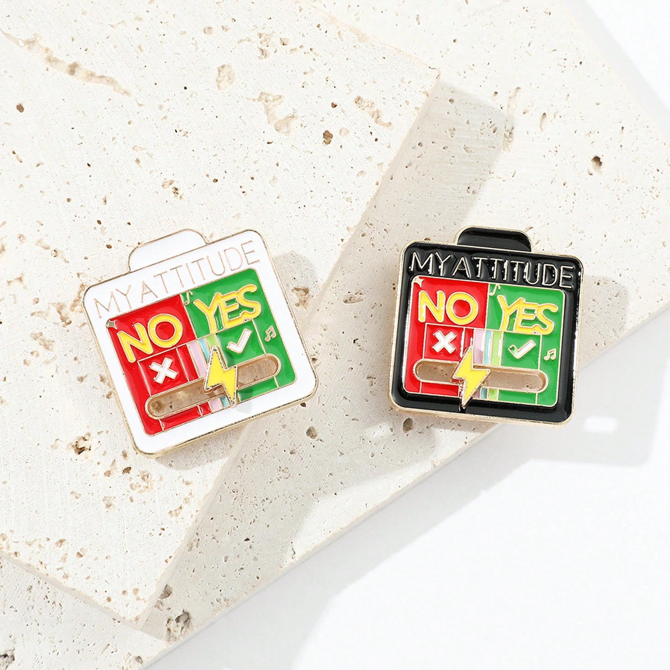 2pcs Creative Mood Convertible Metal Badge Pin With Sliding Yes Or No ...