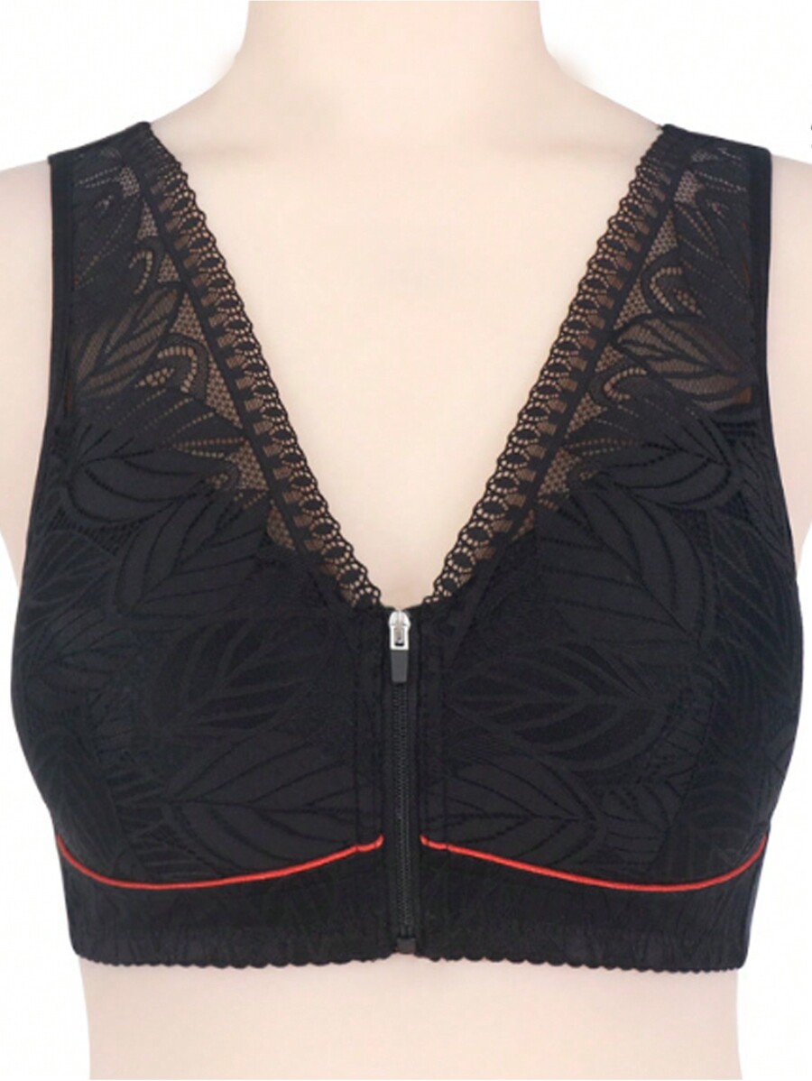 Women's Front Zipper Closure Non-wired Plus Size Lace Bra, Soft Cup ...