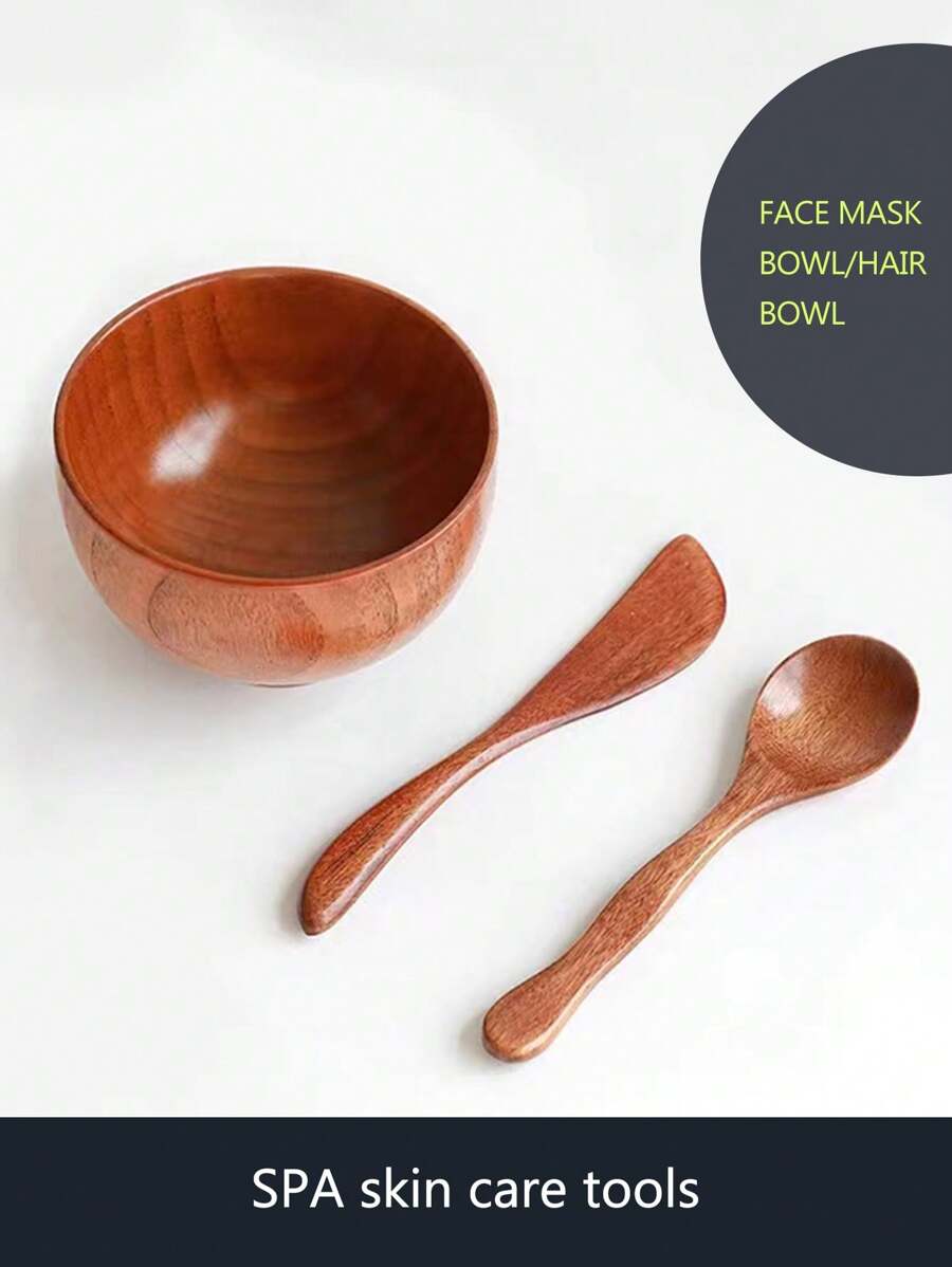 3pcs Wooden Facial Mask Bowl Set: Mask Bowl, Brush And Spoon For Beauty ...