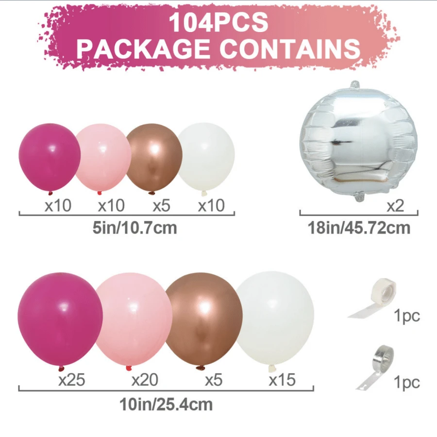 104pcs Silver Aluminum Film Ball & Rose Gold Metallic Balloon Set With ...
