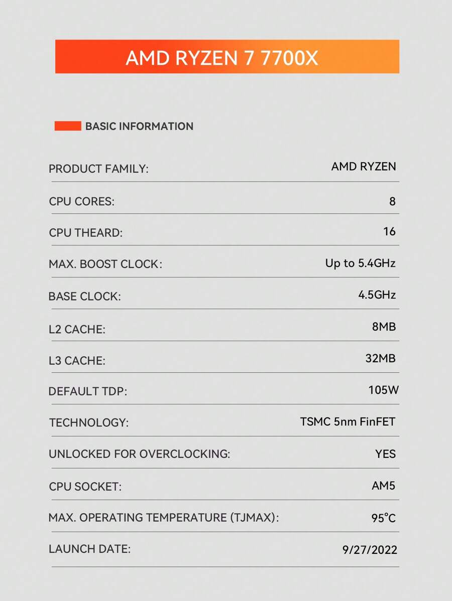 AMD Ryzen 7 7700X 4.5GHz Base Clock 8-Core 16-Thread Desktop Processor ...