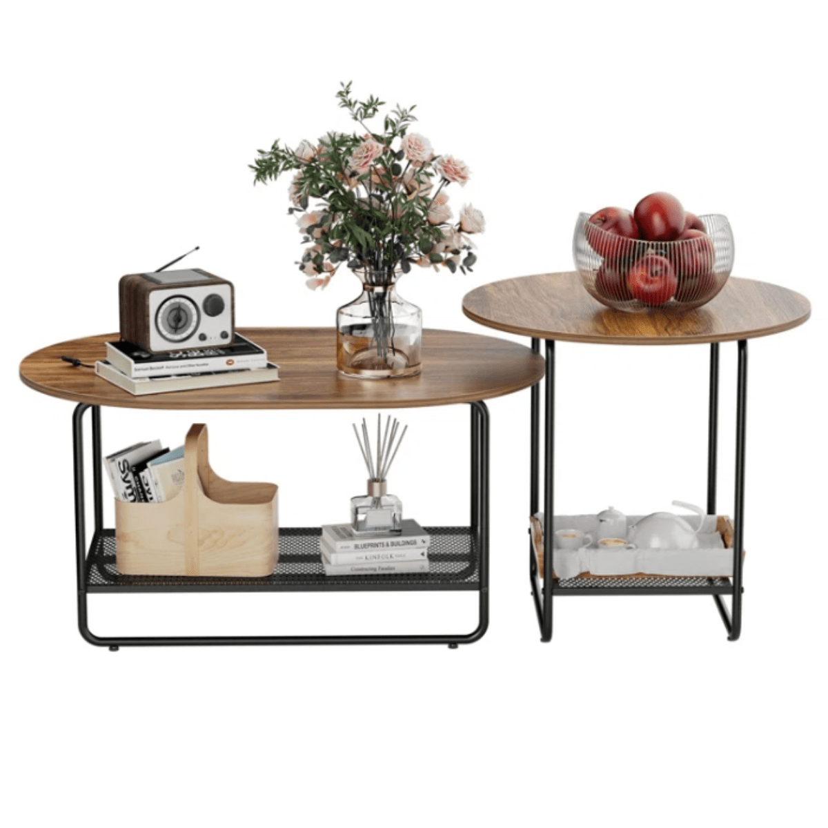 Coffee Table Set, 2-Tier Center Table with Open Shelf and Metal Frame ...