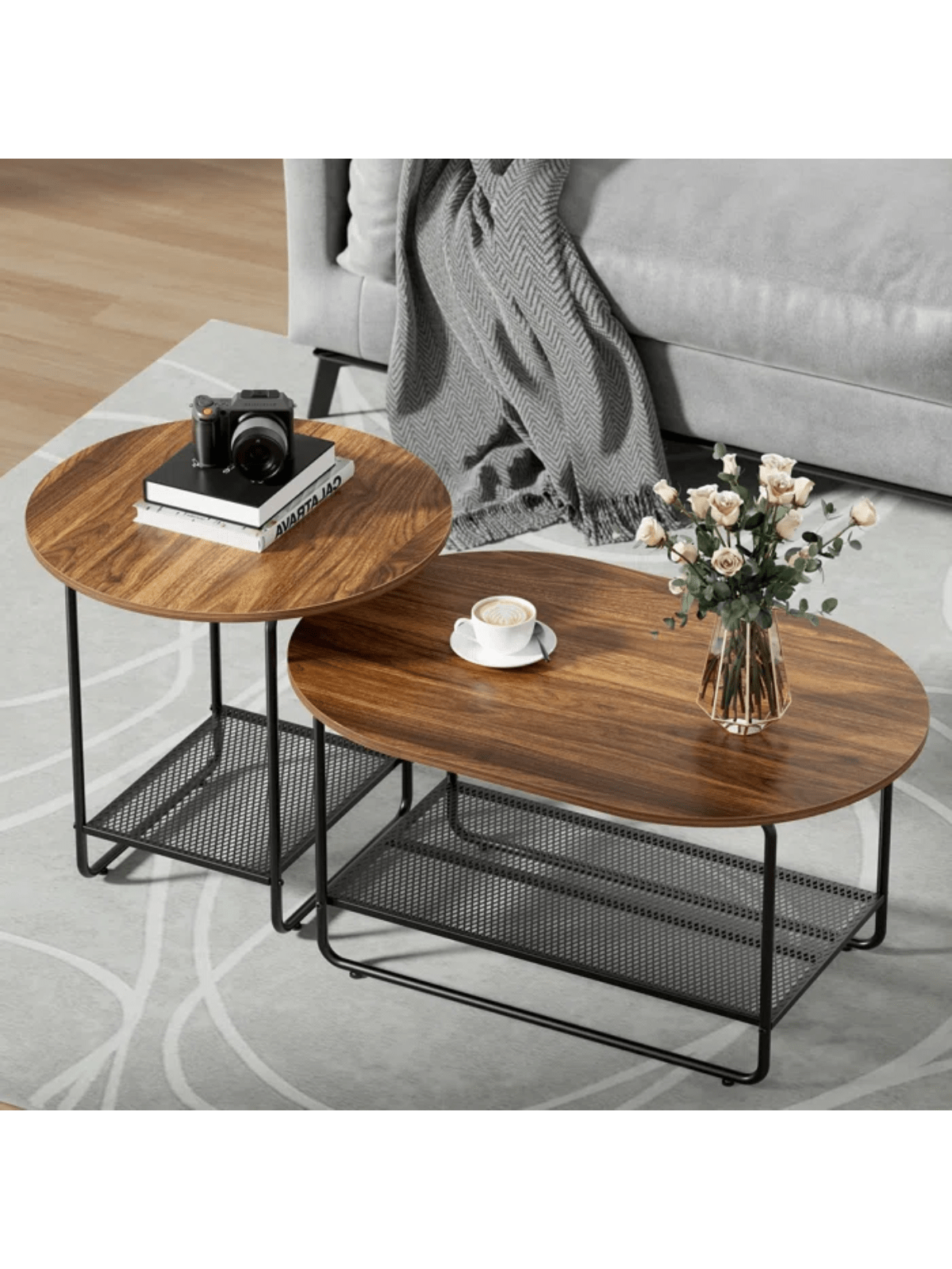 Coffee Table Set, 2-Tier Center Table with Open Shelf and Metal Frame ...