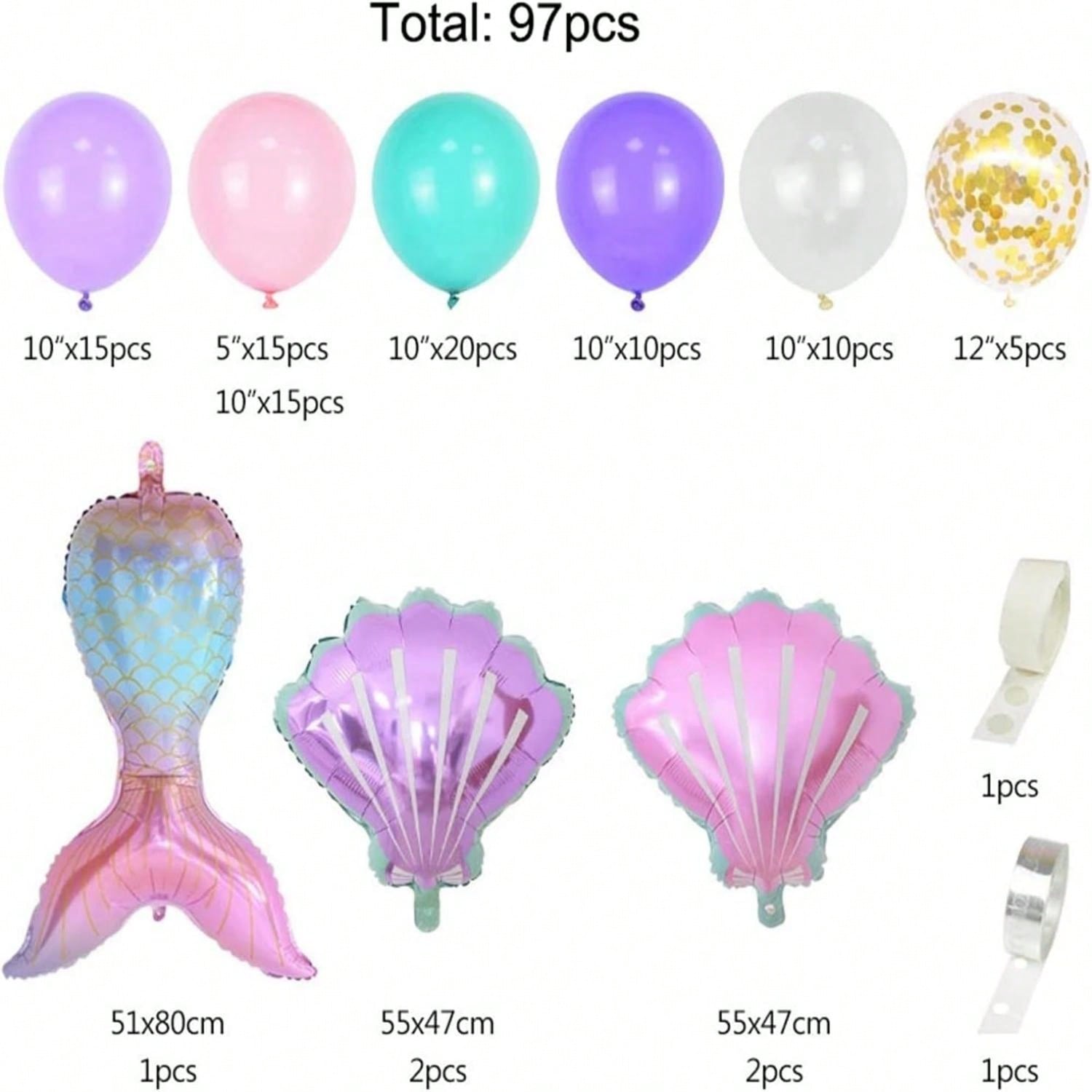 Your Heart 97pcs Mermaid Tail Shell Balloon Arch Under Sea Kids Girls ...