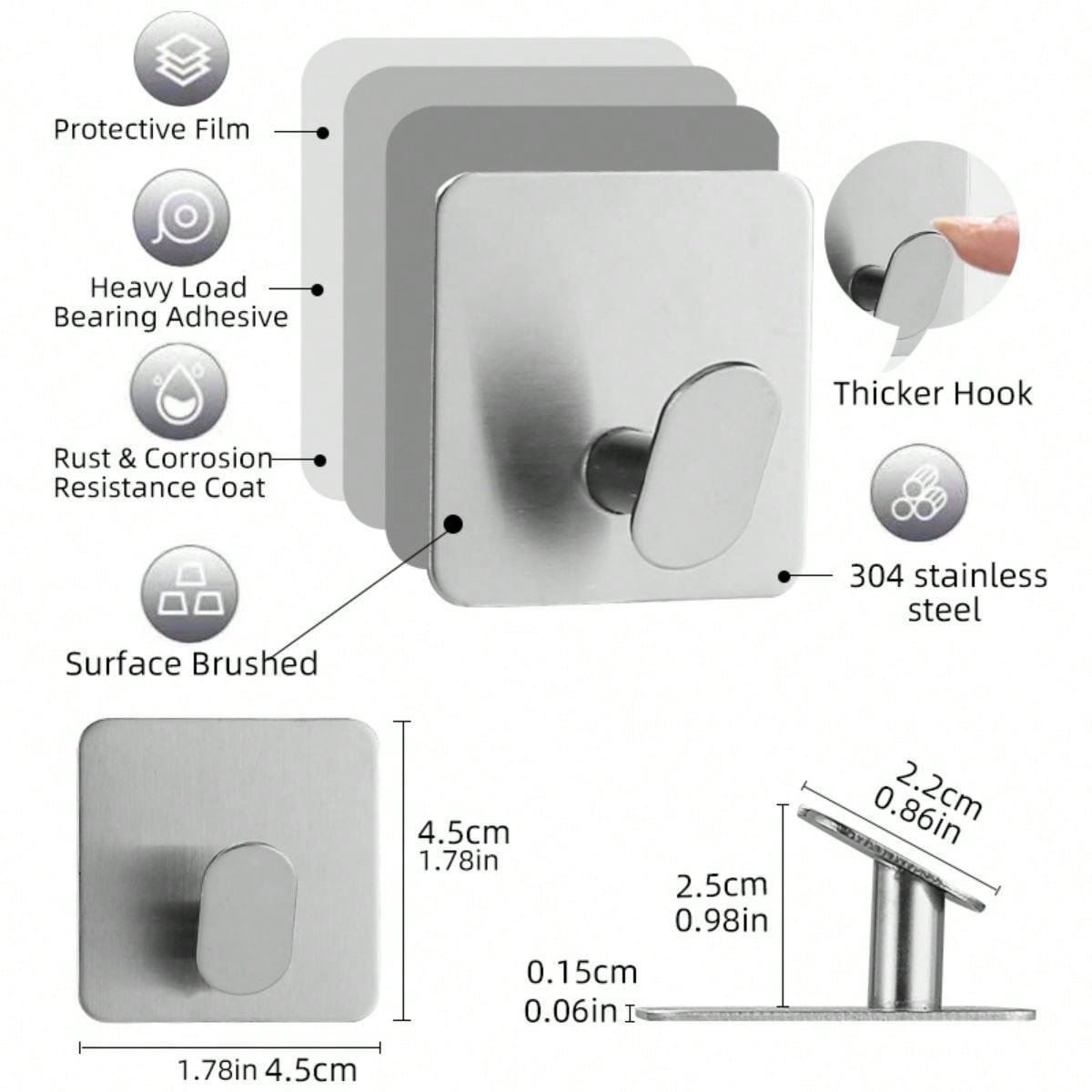 4pcs Adhesive Hooks, SUS 304 Stainless Steel Round Adhesive Hooks ...