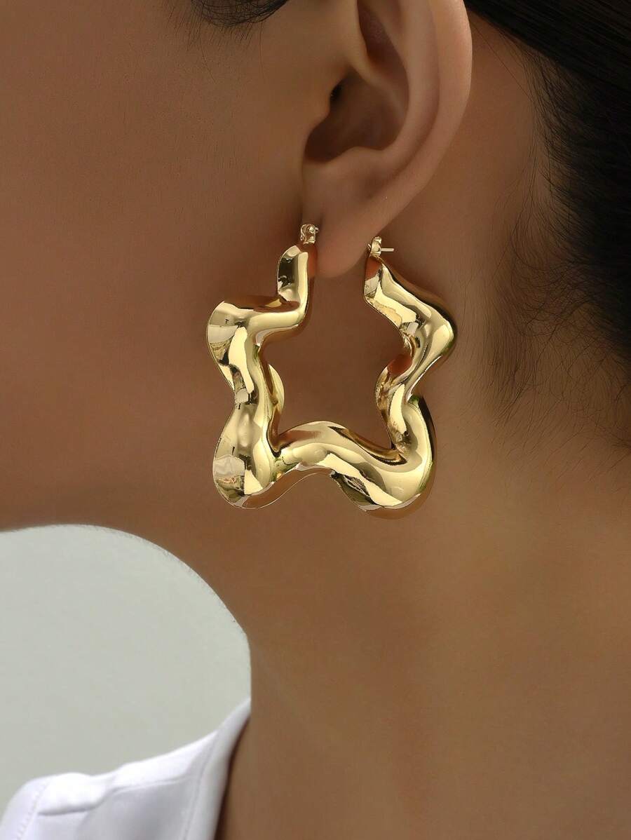 1pair Gothic Punk Style Star & Wave Pattern Metal Statement Earrings ...