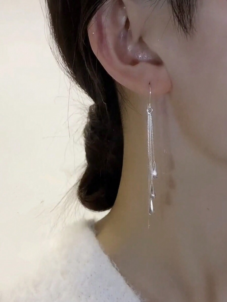 Silver Tone Elegant Long Water Drop Tassel Threader Earrings For Women ...