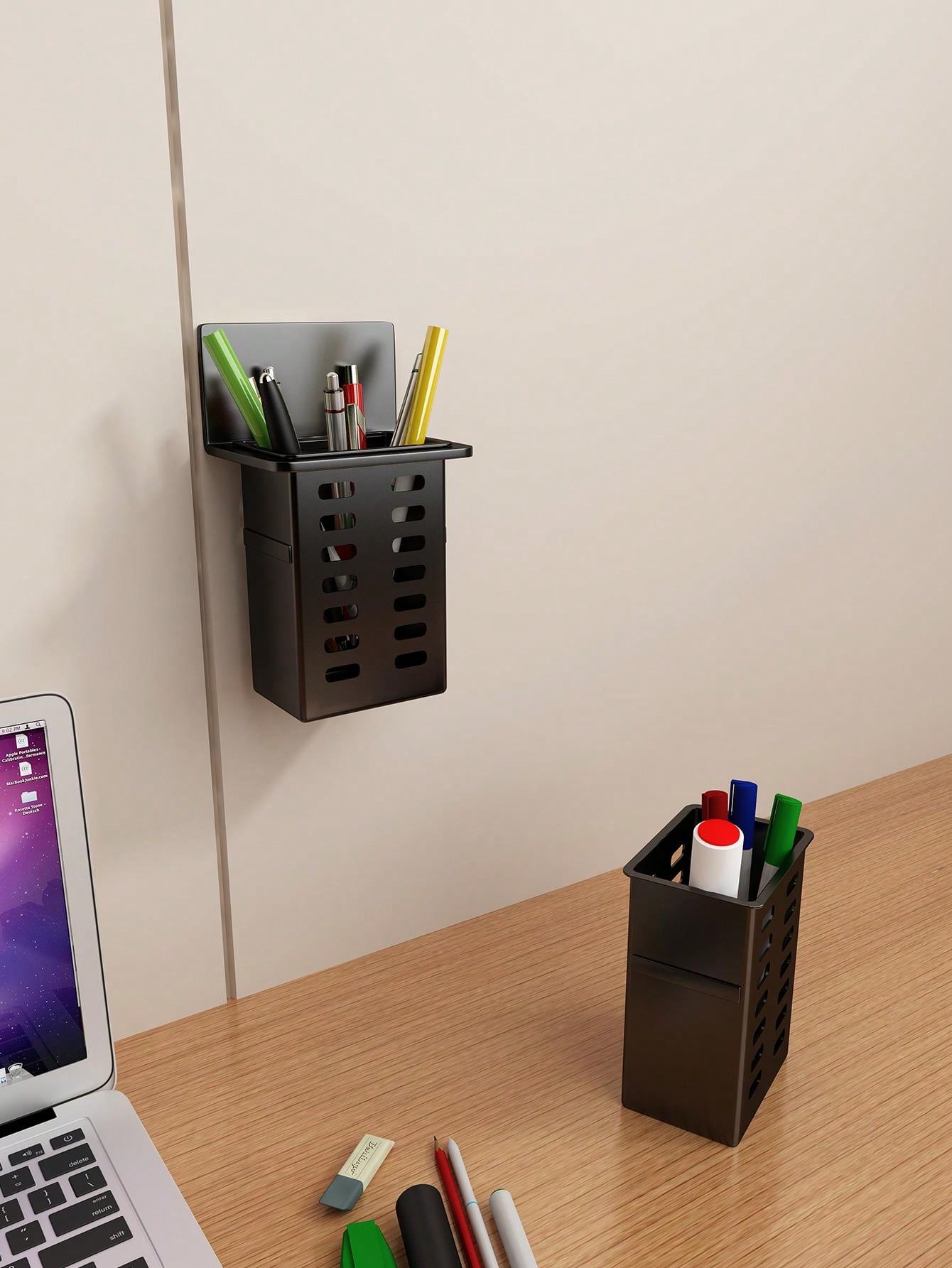 1pc Black Adhesive Cartoon Wall-mounted Pen Holder Desktop Stationery ...