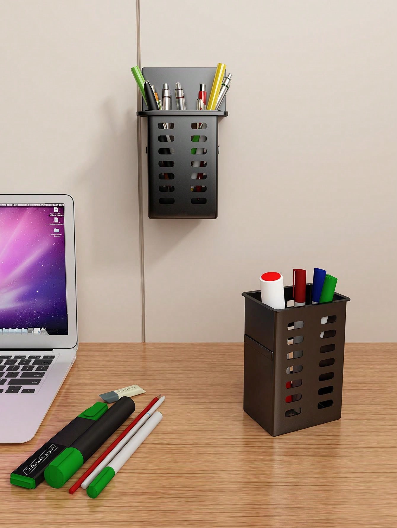 1pc Black Adhesive Cartoon Wall-mounted Pen Holder Desktop Stationery ...