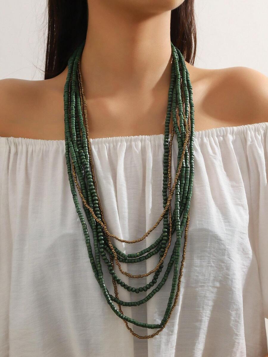 1pc Wood Bead & Glass Bead Bohemian Style Multi-Layer Necklace For ...