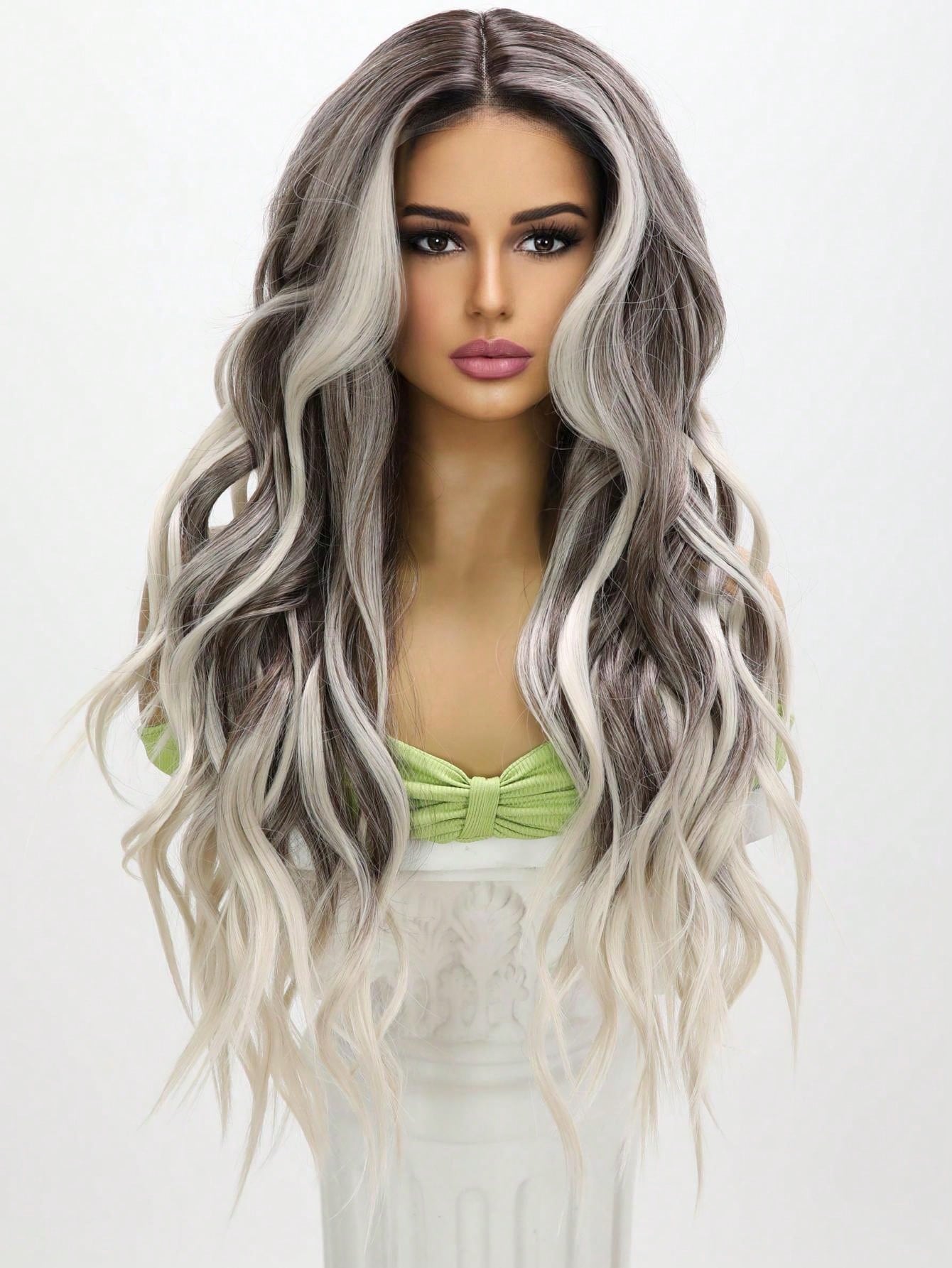 Chemical Fiber T-Shaped Lace Gray Gradient Wavy Curly Hair For Women's ...