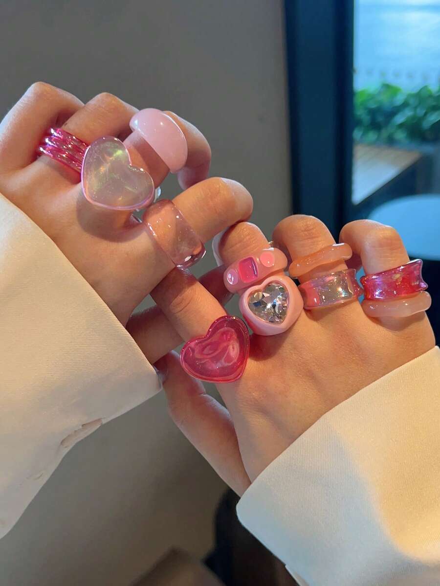 11pcs/set Fashionable Pink Heart Shaped Resin/crystal Women's Rings ...