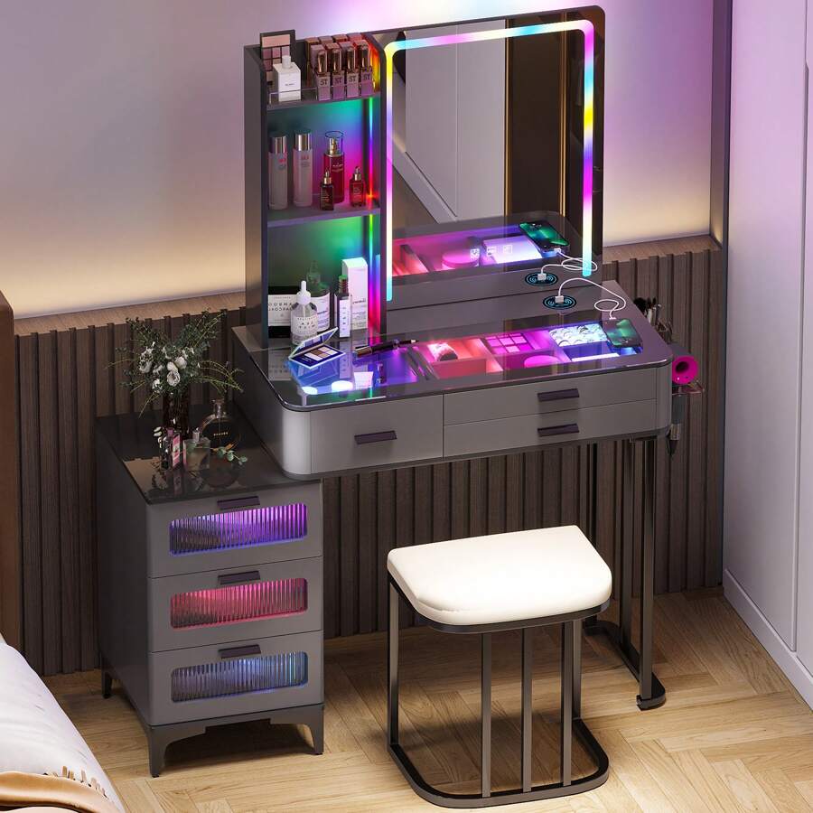 Lvifur Makeup Vanity Table with RGB Lights & Charging Station, Auto ...
