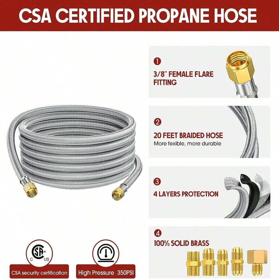 PatioGem 20 Feet High Pressure Braided Propane Hose Extension with ...