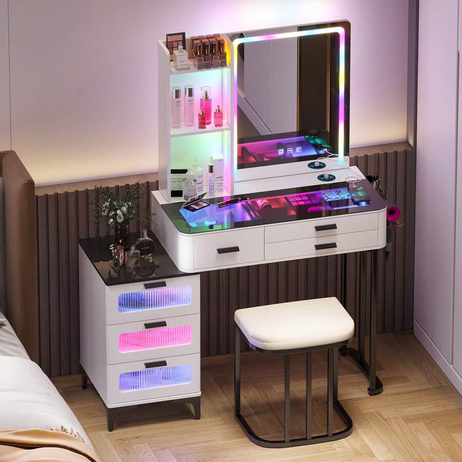 Lvifur Makeup Vanity Table with RGB Lights & Charging Station, Auto ...