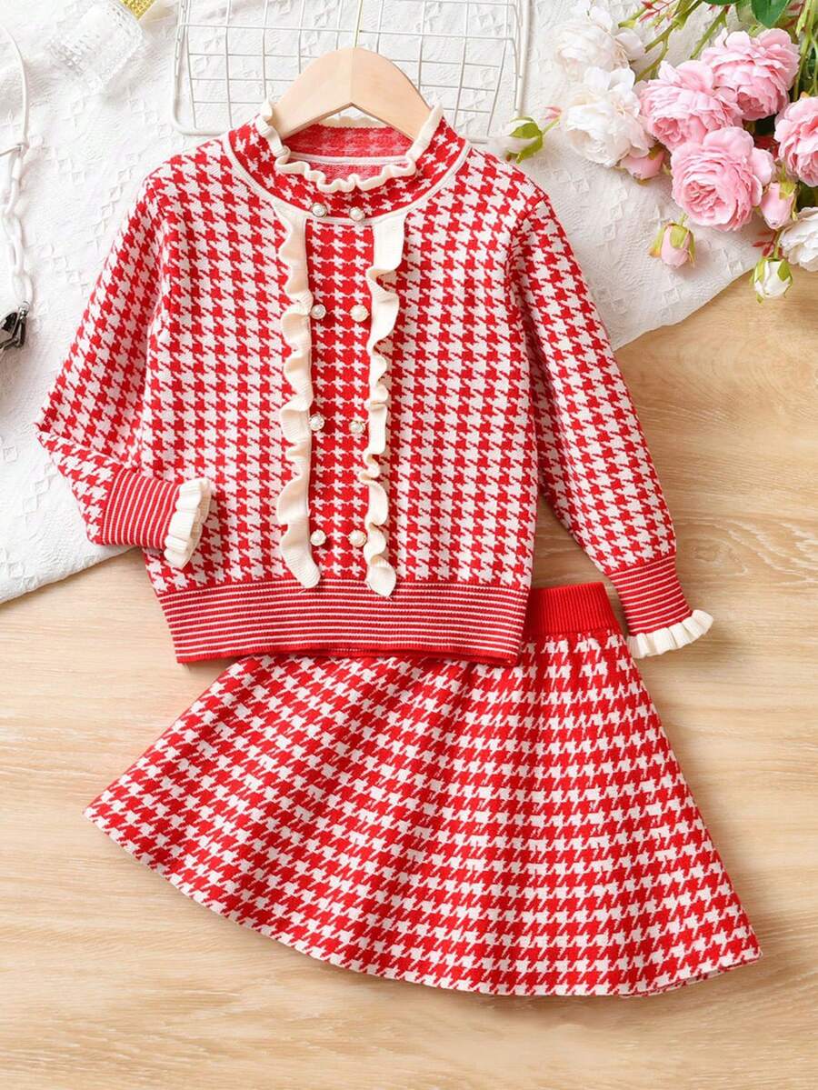 Little Girls' Mock Neck Knitted Two Piece Set, Houndstooth Pattern ...